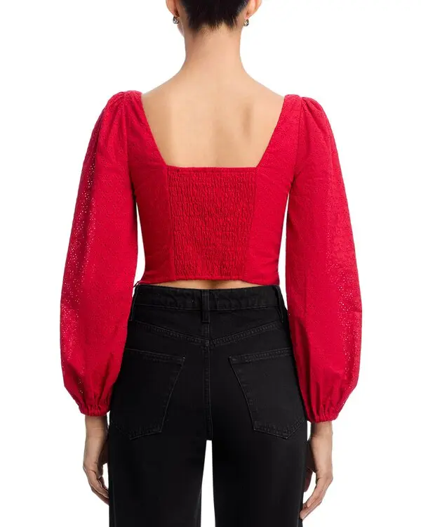 Aqua Embroidered Puff-sleeve Blouse
