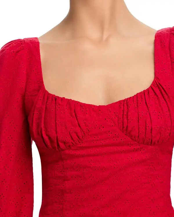 Aqua Embroidered Puff-sleeve Blouse