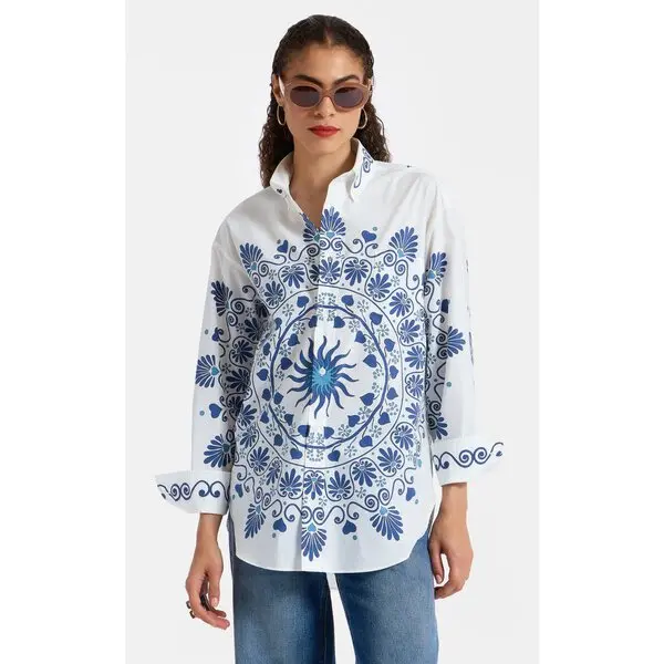 La DoubleJ Printed Cotton Poplin Boxy Fit Shirt - Olympus Placée Cream