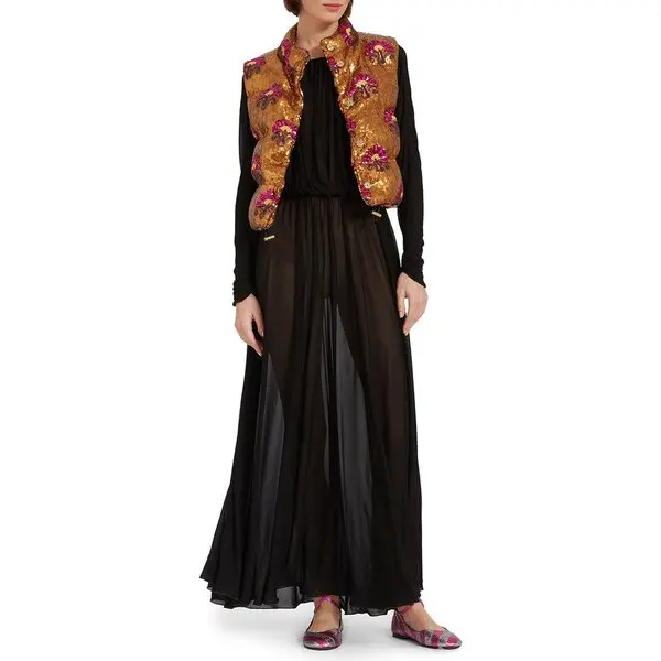 La DoubleJ Bonbon Sleeveless Puffer Vest - Textured Sequins Rust