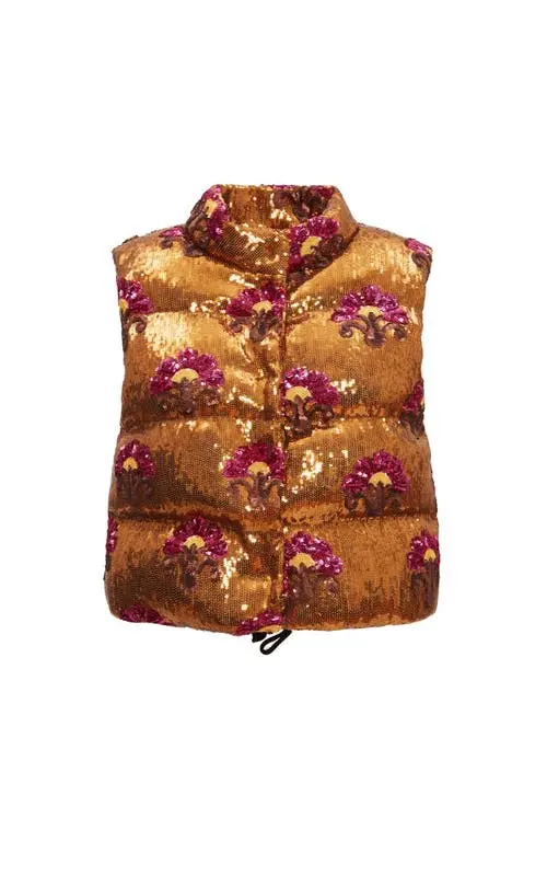 La DoubleJ Bonbon Sleeveless Puffer Vest - Textured Sequins Rust