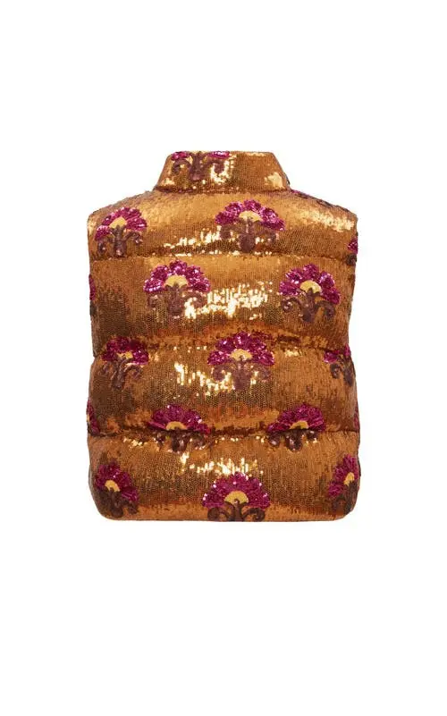 La DoubleJ Bonbon Sleeveless Puffer Vest - Textured Sequins Rust