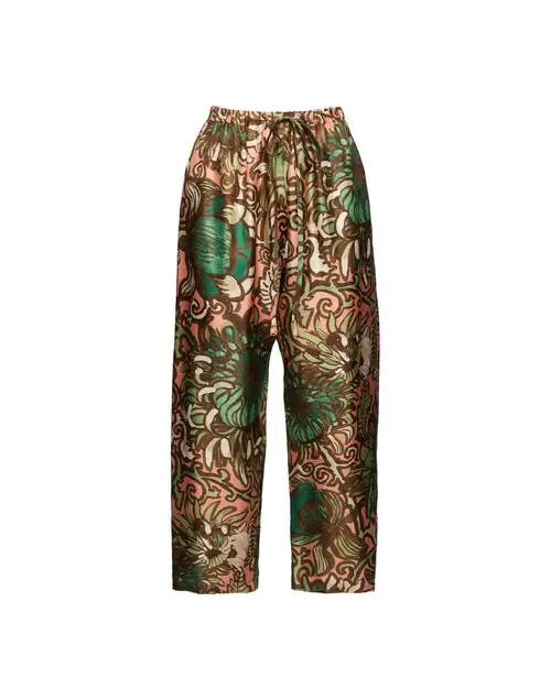 La DoubleJ Printed Silk Twill Drawstring Pants - Anemone Pink Olive