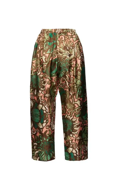 La DoubleJ Printed Silk Twill Drawstring Pants - Anemone Pink Olive