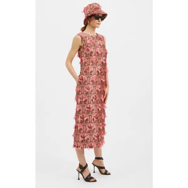La DoubleJ Floral Feather-trimmed Column Maxi Dress