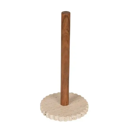 STORIED HOME Acacia Wood Paper Towel Holder With Scalloped Travertine Base - Natural
