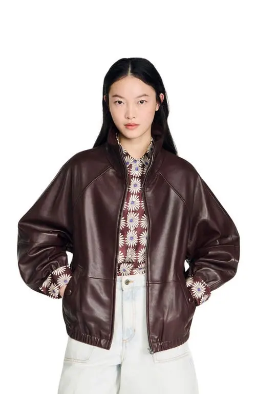 Sandro Oversized Zip-up Leather Jacket - Brown