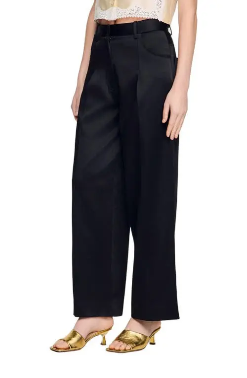 Sandro Satin-effect Wide-leg Trousers - Black