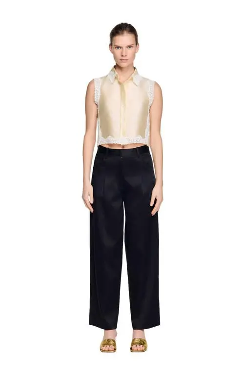 Sandro Satin-effect Wide-leg Trousers - Black