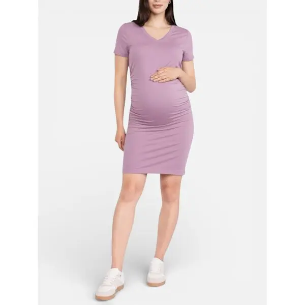 Motherhood Maternity V-neck Side Ruched Bodycon Mini Dress - Soft Violet