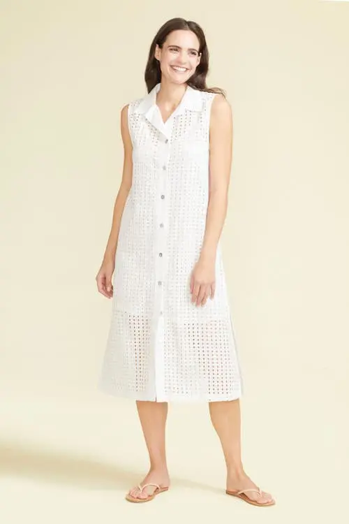 SITANO Sofia Sleeveless Eyelet Shirtdress With Slip - White