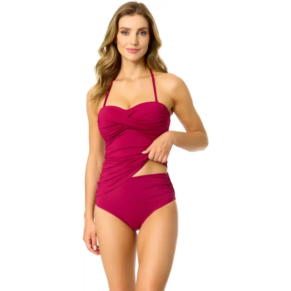 ANNE COLE Live In Color Twist Front Bandeaukini Swim Top - Wine
