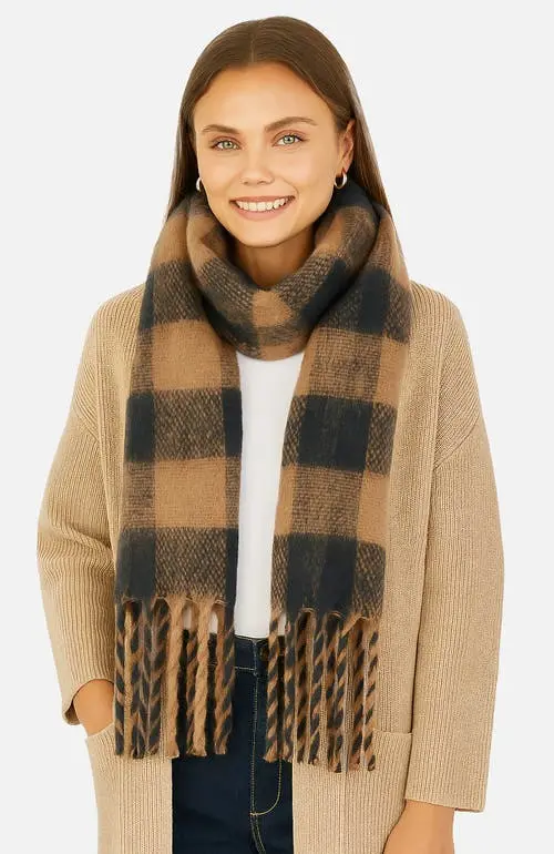 YUMI Checked Super Soft Scarf - Brown
