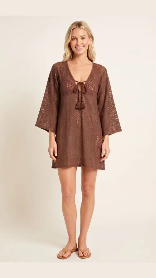 SITANO Bell Sleeve Crochet Cover-up - Brown