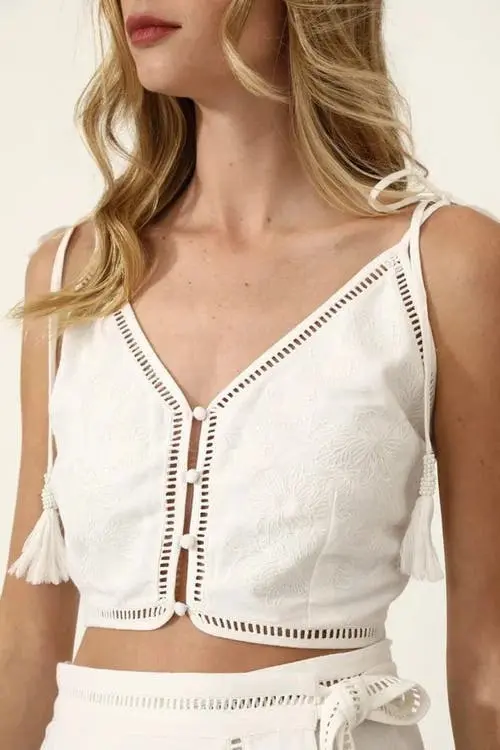 GUADALUPE DESIGN Embroidered Midriff Top - White