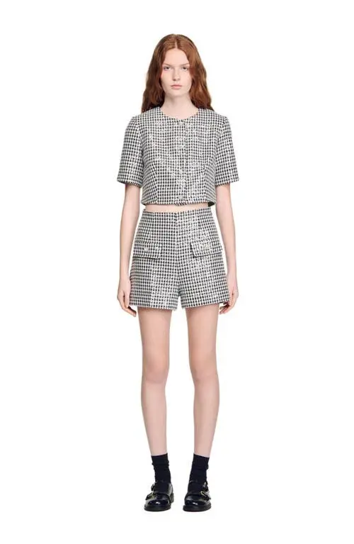 Sandro Sequin Houndstooth Tweed Hot Pants - Black/white