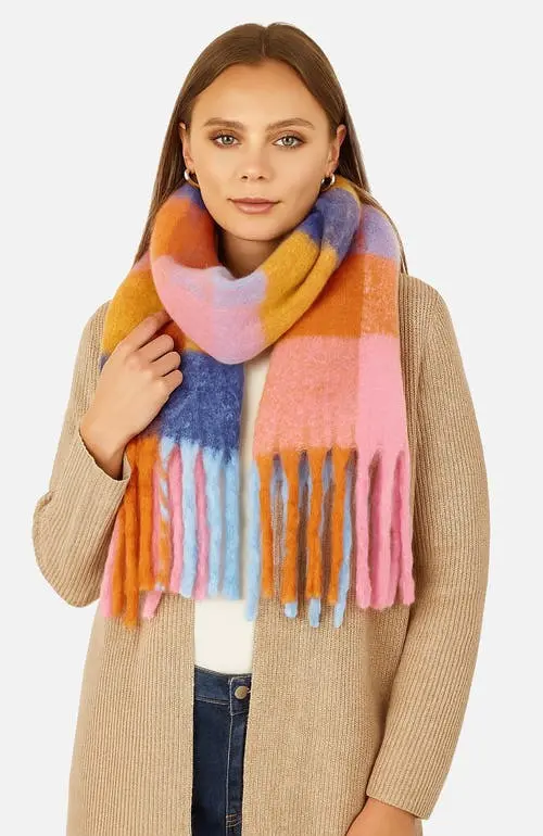 YUMI Rainbow Check Soft Tassel Scarf - Multi