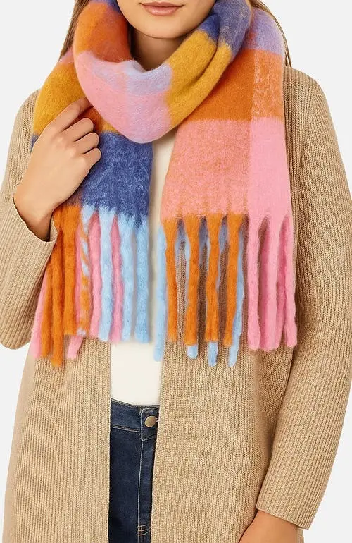 YUMI Rainbow Check Soft Tassel Scarf - Multi