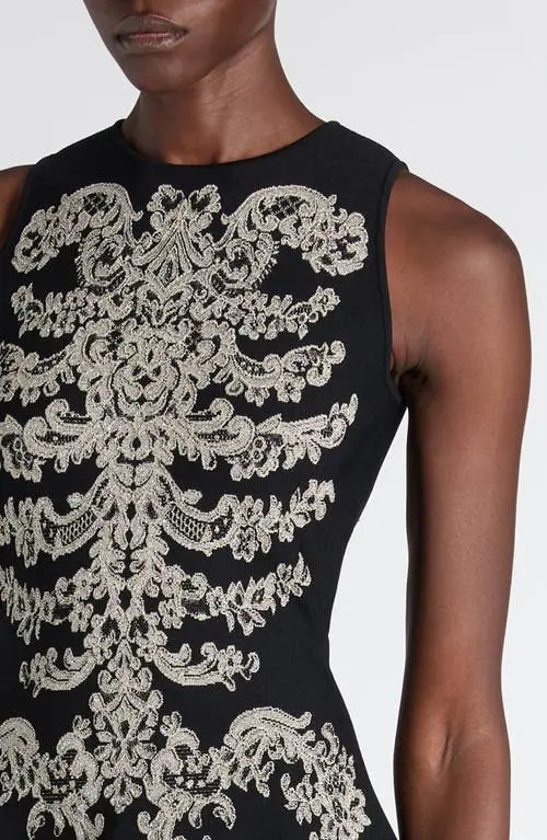Alexander McQueen Metallic Lace Jacquard Fit & Flare Minidress