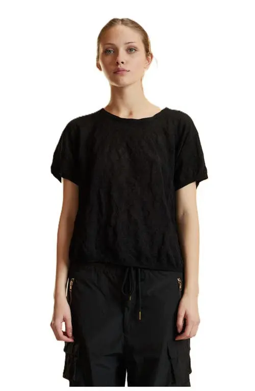 Cynthia Rowley Crinkle Knit Short Sleeve Top - Black