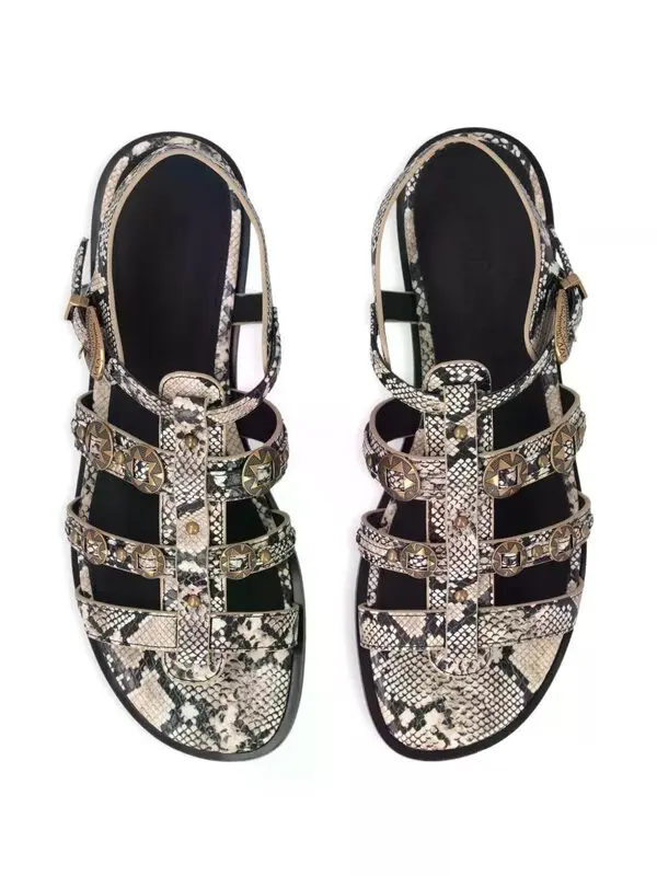 Pinko Flat Leather Sandals With Python Print And Studs - Neutrals