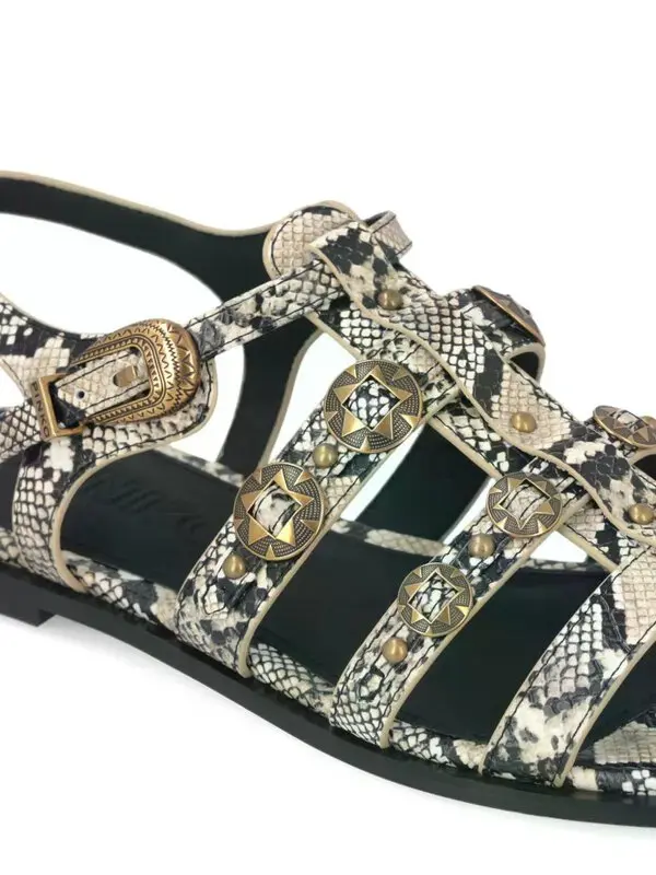 Pinko Flat Leather Sandals With Python Print And Studs - Neutrals