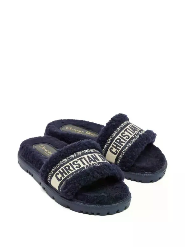Dior Dway Embroidery Shearling Flat Sandals - Blue