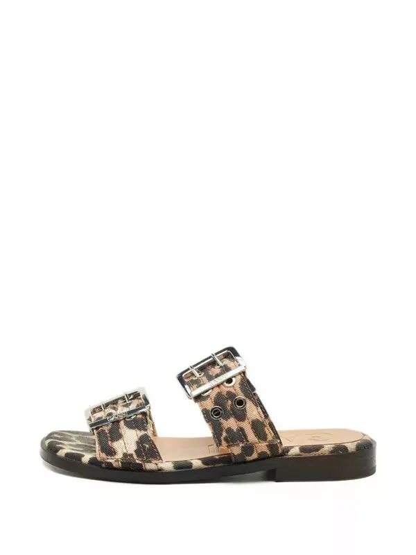 GANNI Leopard-print Buckled Flat Sandals - Neutrals