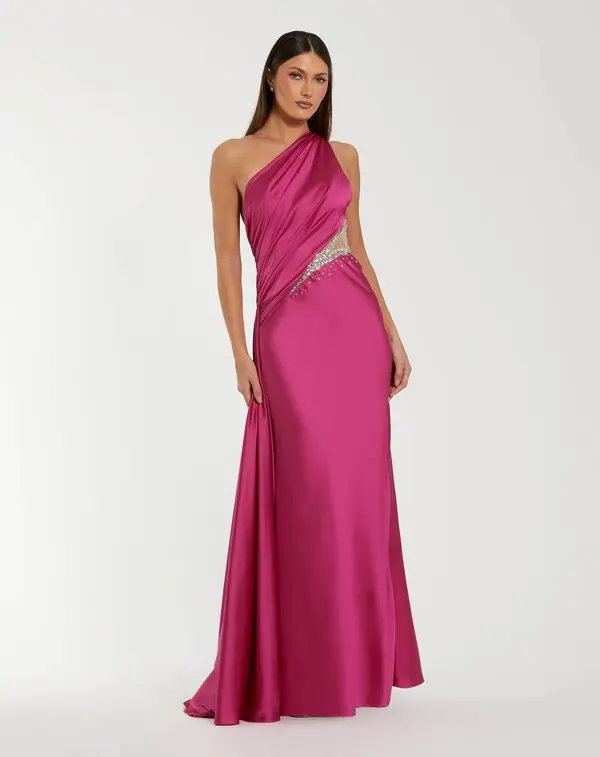 Mac Duggal One-shoulder Charmeuse Gown With Beaded Cutout - Pink