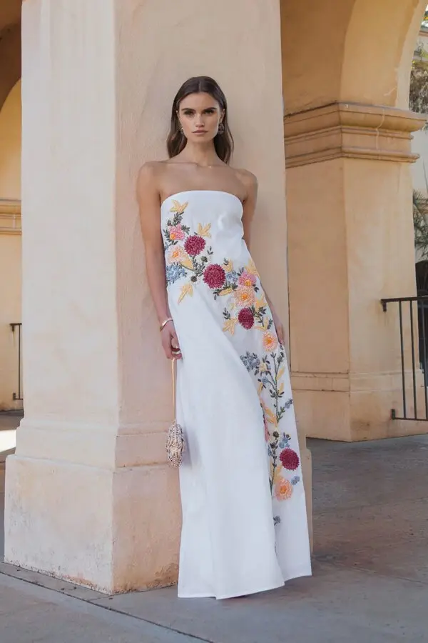 Mac Duggal Strapless Floral Embroidered Linen Gown