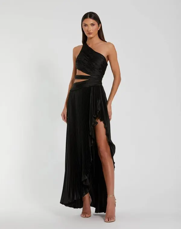 Mac Duggal One-shoulder Pleated Charmeuse Gown With Slit - Black