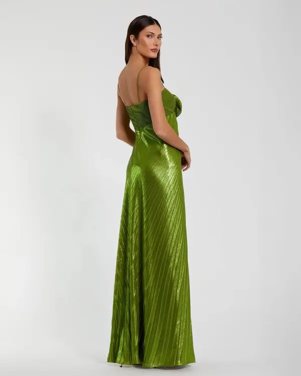 Mac Duggal Metallic Pleated Gown With 3d Flower