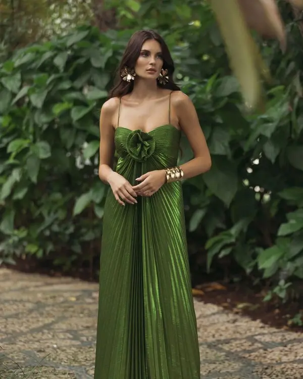 Mac Duggal Metallic Pleated Gown With 3d Flower