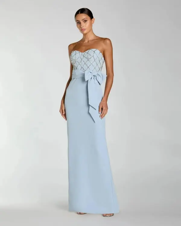 Mac Duggal Strapless Embellished Crepe Gown With Bow - Blue