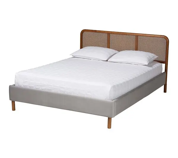 BAXTON STUDIO Rosita Grey Velvet Brown Wood Que En Platform Bed - One-color