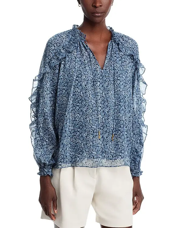 Michael Kors Floral Long Sleeve Ruffle Blouse - Midnight Blue