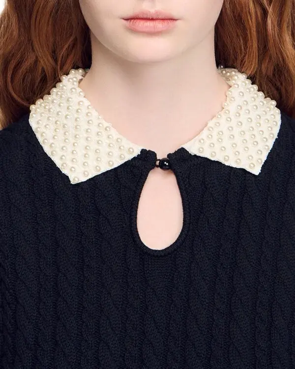 Sandro Embellished Collar Cable Knit Sweater