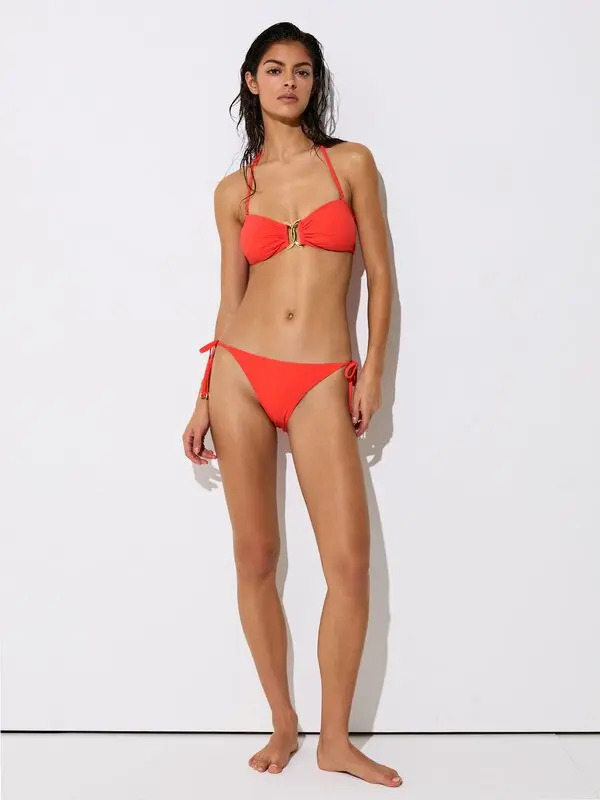 REISS Johannah Tipped Bandeau Shirred Bikini Top - Coral Orange