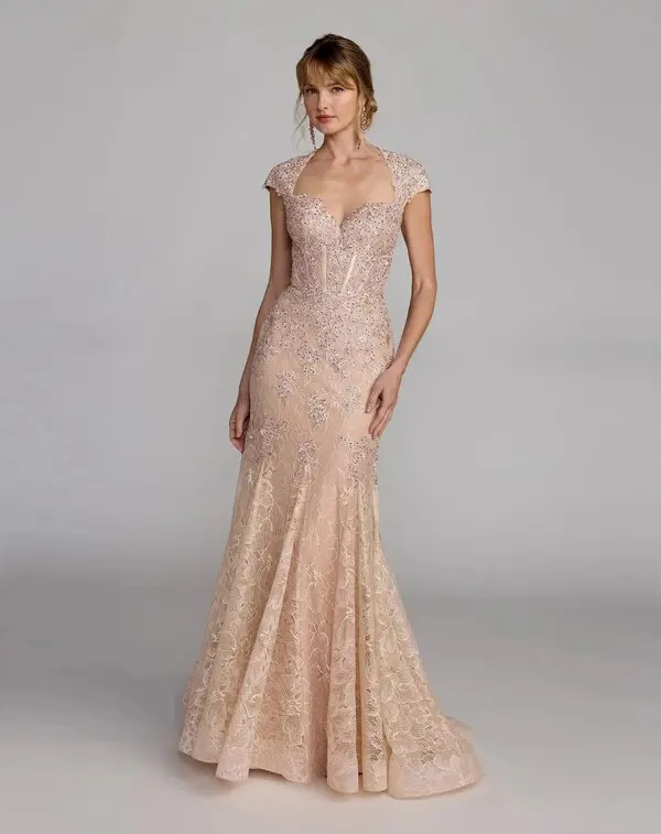 MAC DUGGAL COLLECTION Embroidered Lace Mermaid Gown With Cap Sleeves