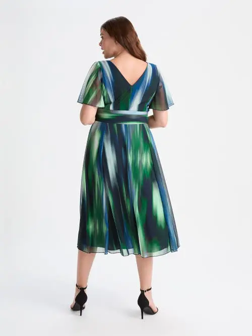 SCARLETT & JO Ikat Angel Sleeve Midi Dress - Green Ikat
