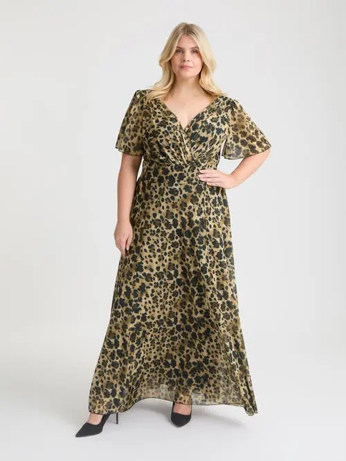 SCARLETT & JO Isabelle Printed Angel Sleeve Maxi Dress - Leopard Print