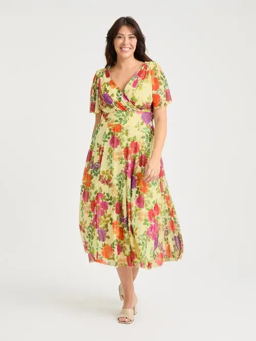 SCARLETT & JO Victoria Floral Angel Sleeve Midi Dress - Lemon Multi