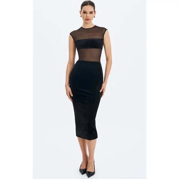 MISS CIRCLE NEW YORK Mesh And Velvet Midi Bodycon Dress - Black
