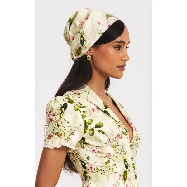 MISS CIRCLE Spring Affair Print Linen Head Wrap Scarf - Green