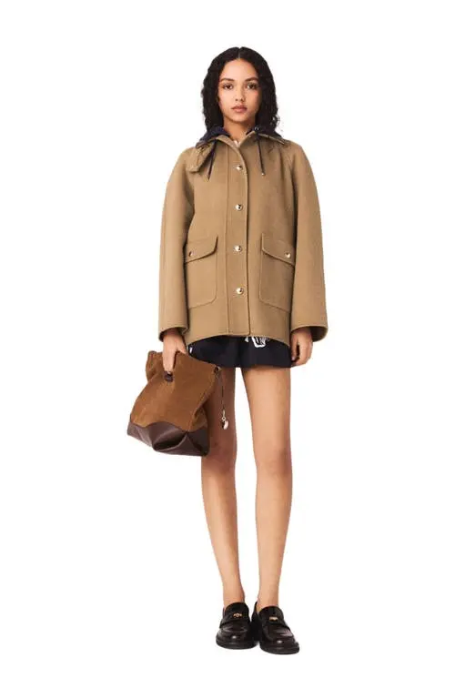 Maje Wool Coat With Removable Hood - Beige