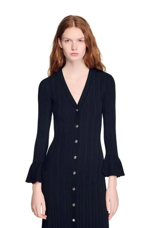 Sandro Knit Maxi Dress With Ruffle Cuffs - Black