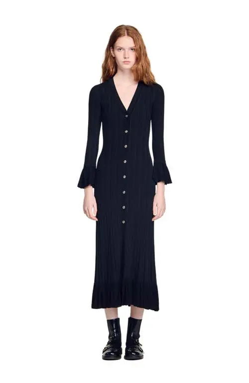 Sandro Knit Maxi Dress With Ruffle Cuffs - Black