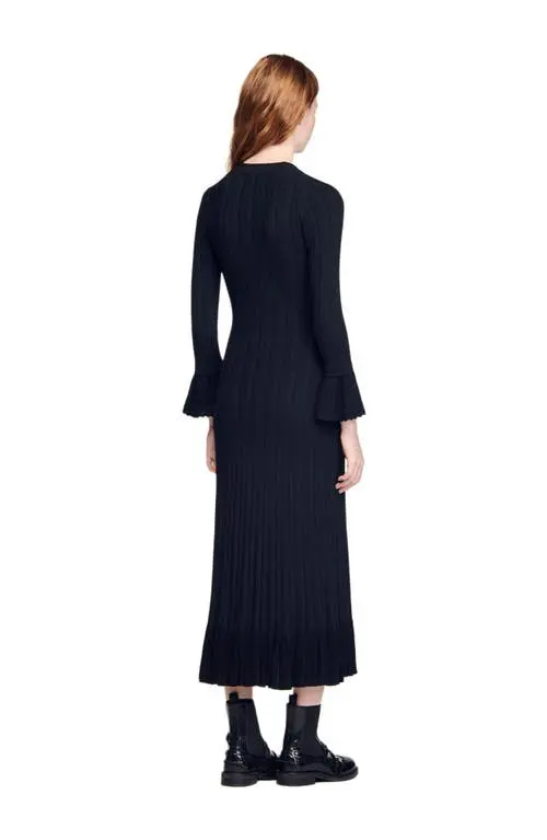Sandro Knit Maxi Dress With Ruffle Cuffs - Black