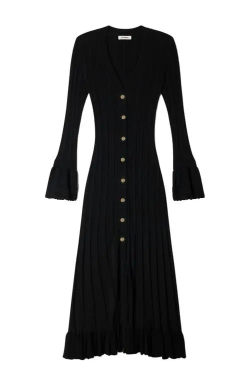 Sandro Knit Maxi Dress With Ruffle Cuffs - Black
