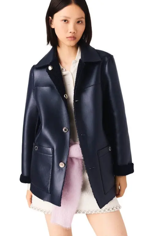 Maje Reversible Faux Shearling Jacket - Navy